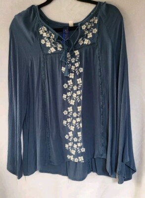 Blue Rain Blouse Top Womens Large Blue Embroidered Long Flowy Sleeve | eBay
