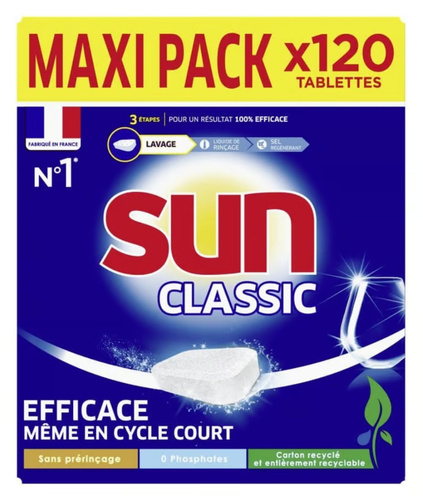 MAXI PACK 120 Tablettes SUN Classic Dose Lave-Vaisselle Efficace Cycle ...