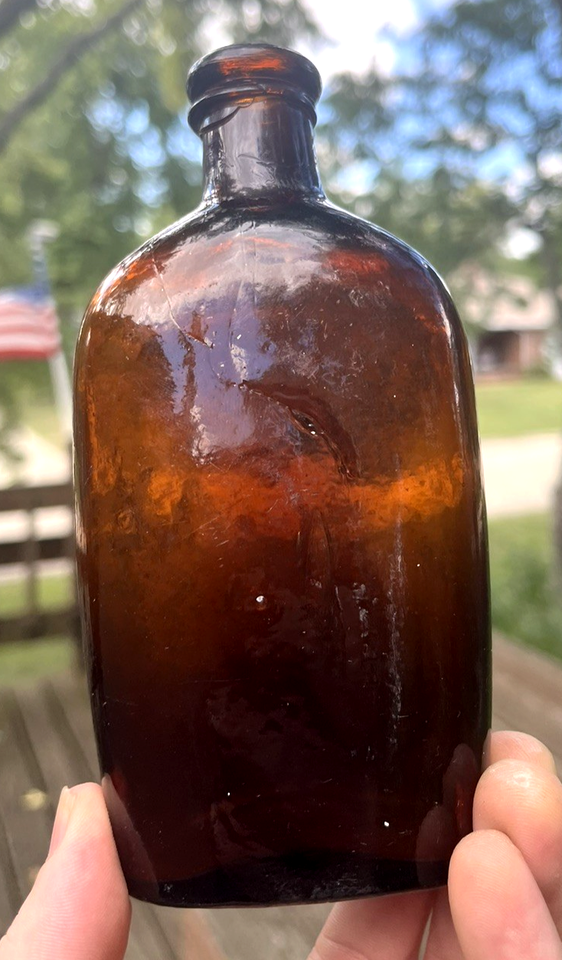 NICE AMBER OVAL WHISKEY FLASK WHITNEY GLASS WORKS HALF PINT 1860'S ERA ...