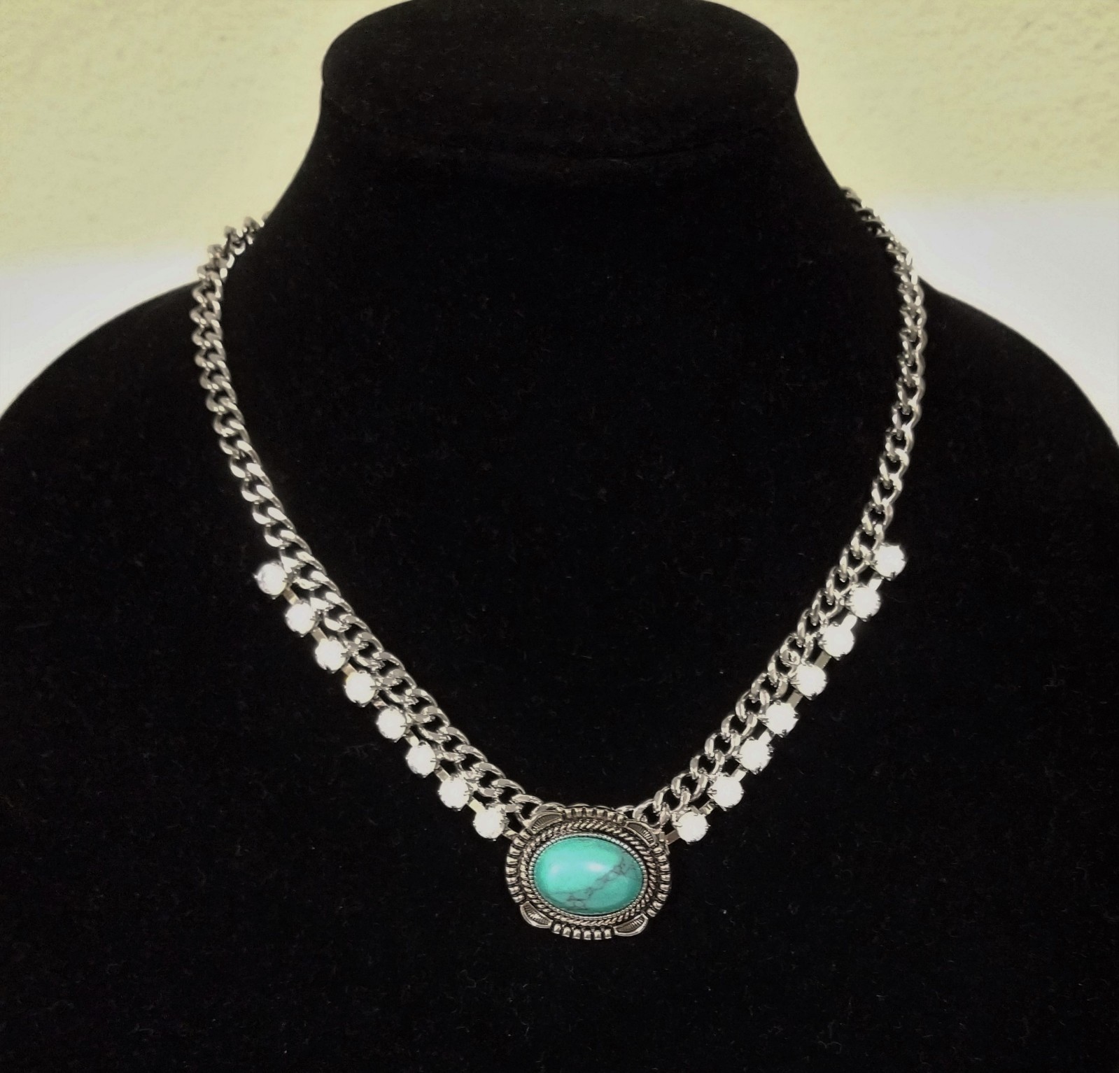NEW SHINY SILVER+ANTIQUE SILVER CHAIN,RHINESTONE,BLUE TURQUOISE CHARM ...