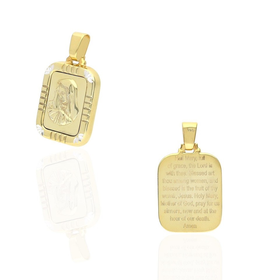 Yellow Gold Over 925 Silver Diamond-Cut Holy Mary Rectangle Prayer ...