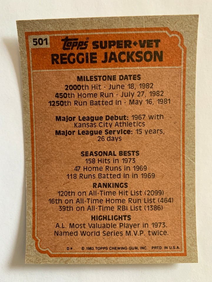 1983 Topps REGGIE JACKSON Super Veteran Card #501 MINT HOF Angels | eBay