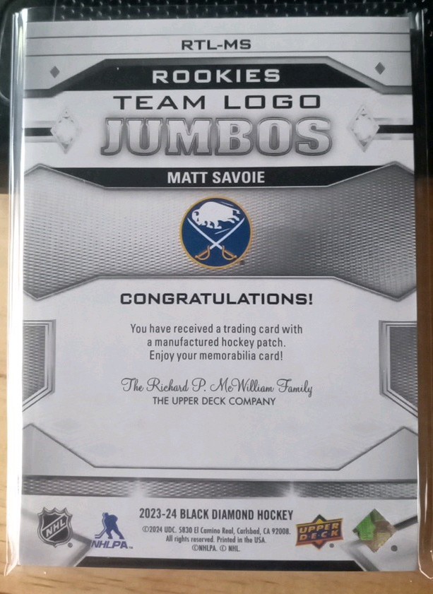 2023-24 Upper Deck Black Diamond Rookie Team Logo Jumbo Manufactured ...