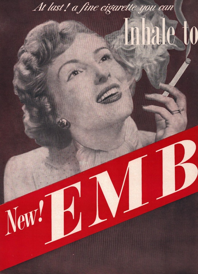 Embassy 1940s Vintage Print Ad Woman Smoking Inhale Cigarette Red ...