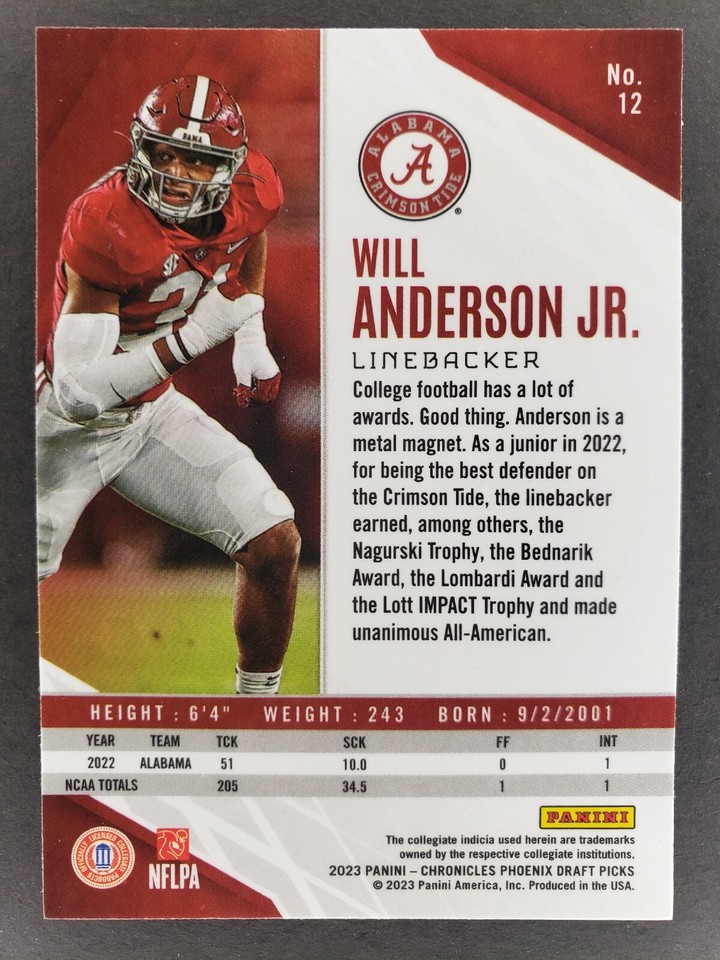 2023 Chronicles Phoenix Draft Picks Will Anderson Jr. Rookie RC Texans ...