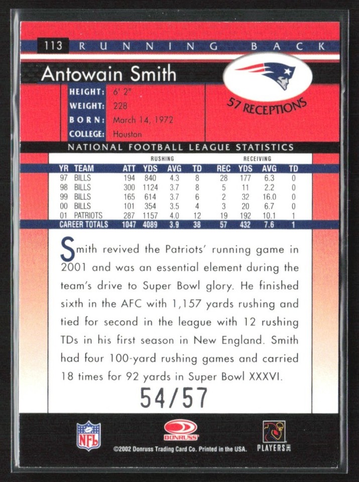 Antowain Smith 2002 Donruss Career Stat Line /57 #113 New England ...