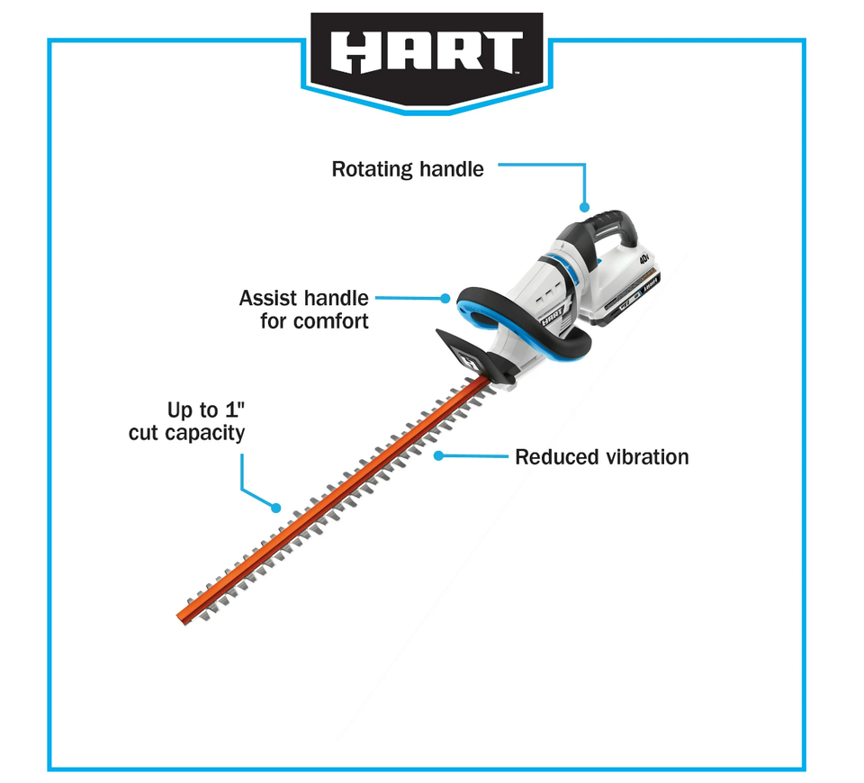 HART 40-Volt 24-inch Cordless Hedge Trimmer Kit, (1) 2.5Ah Lithium-Ion ...