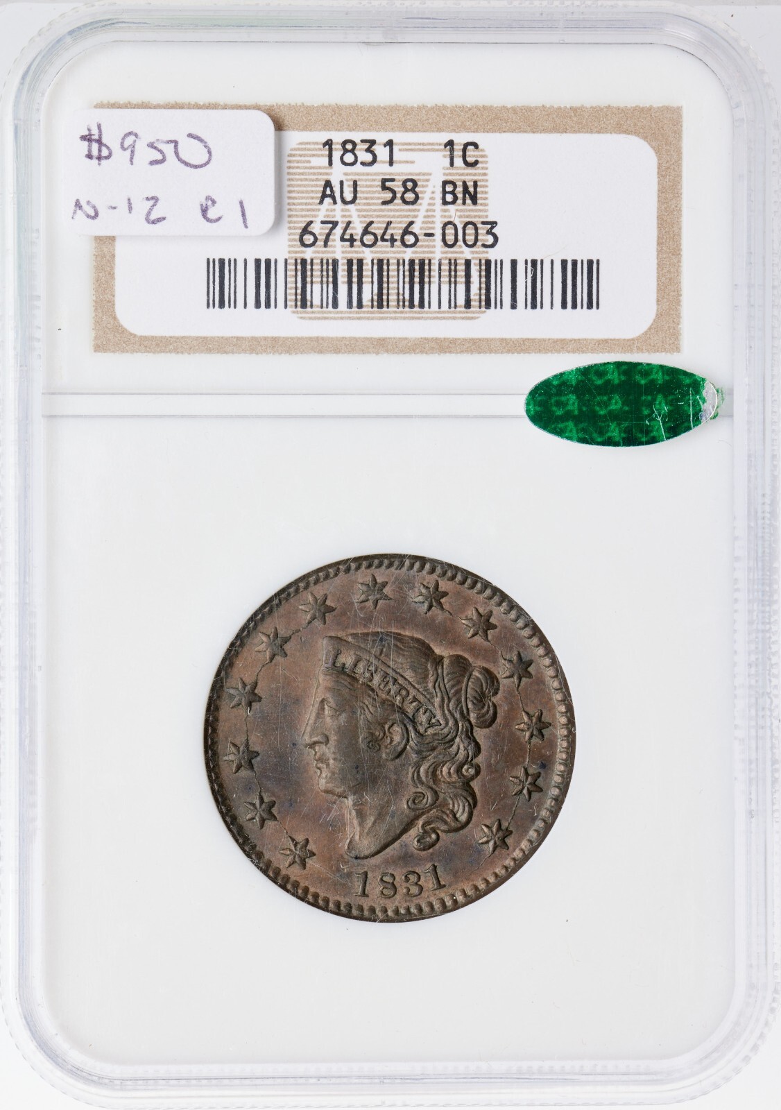 1831 N-12 R-1 NGC AU 58 CAC Matron or Coronet Head Large Cent Coin 1c ...