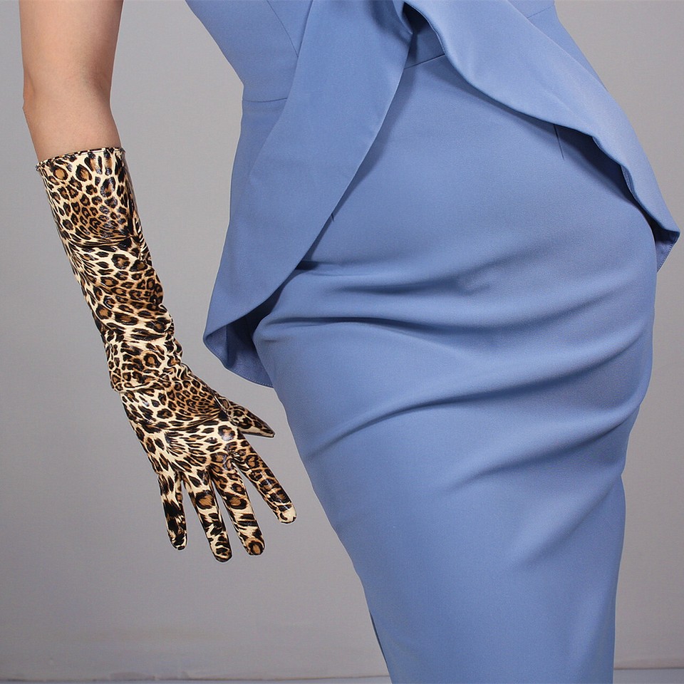 LATEX LONG GLOVES Shine Leather PU 28" 70cm Animal Print Brown Cheetah ...