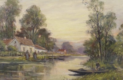 OIL ON CANVAS - EUGENE DEMESTER ‘BOATMAN AND RIVER AT SUNSET’ | eBay UK
