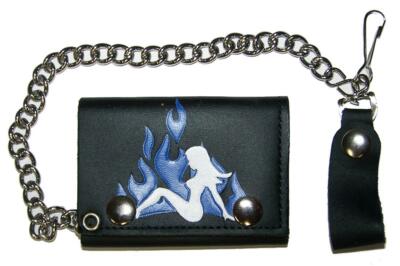 GENUINE LEATHER MUDFLAP GIRL TRI-FOLD WALLET W SNAP ON CHAIN GI643 ...