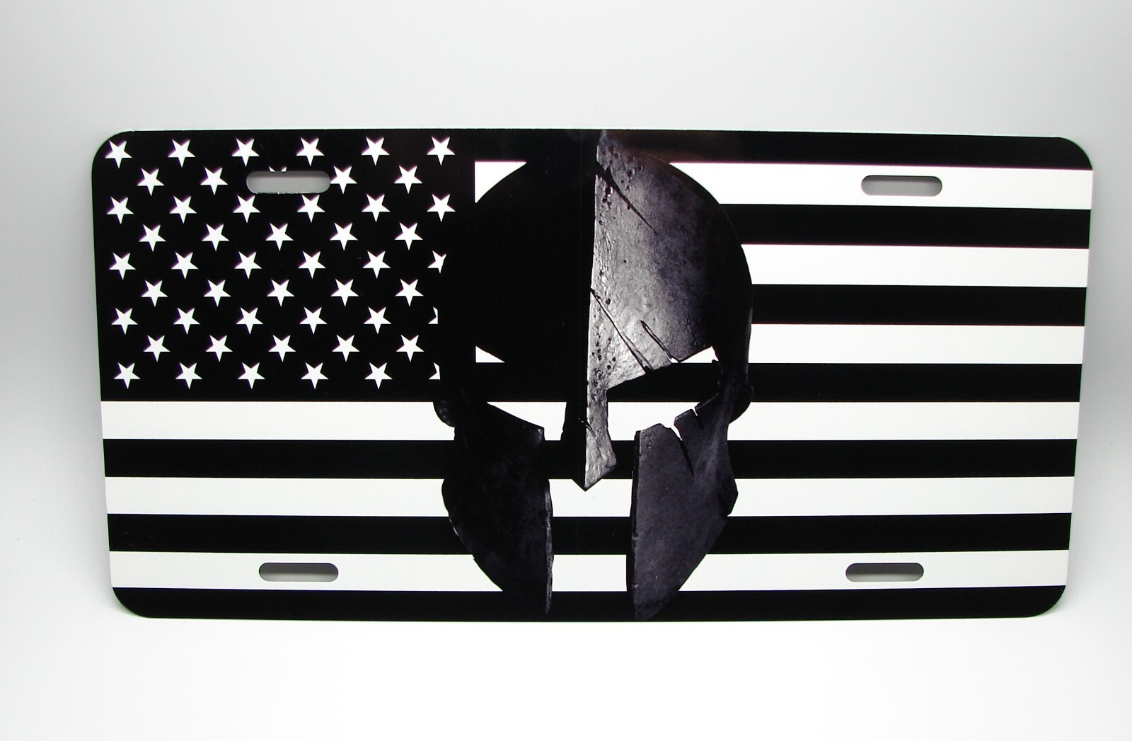 AMERICAN TACTICAL FLAG SPARTAN HELMET METAL CAR LICENSE PLATE AUTOTAG ...