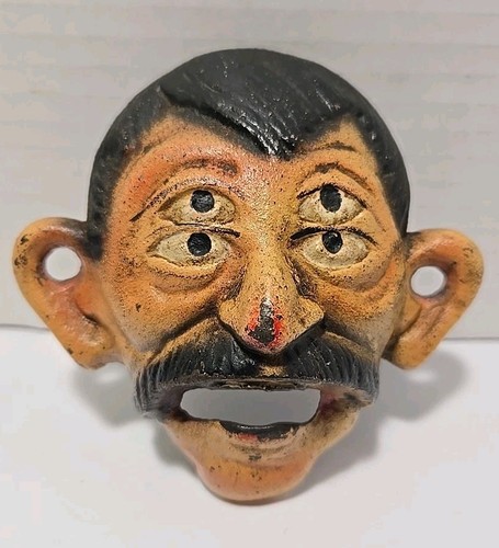 Vintage Cast Iron 4-Eyed Man With Moustache Bottle Opener Wall Mount | eBay