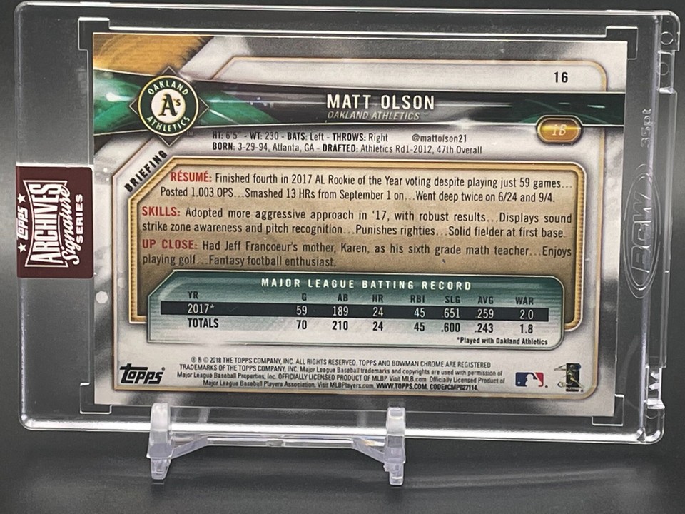 2023 Topps Archives Signature Series Matt Olson 2018 Bowman Auto #'d ...