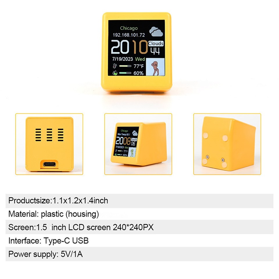 1Pc Yellow Clock WIFI Weather Clock Screen Temperature&Humidity Desktop ...