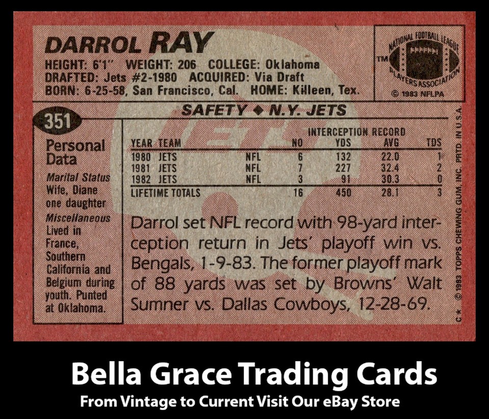 1983 Topps Darrol Ray #351 New York Jets NFL Football | eBay