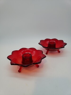 Vintage Fenton Ruby Red Amberina Lotus Flower Three Footed Candle ...