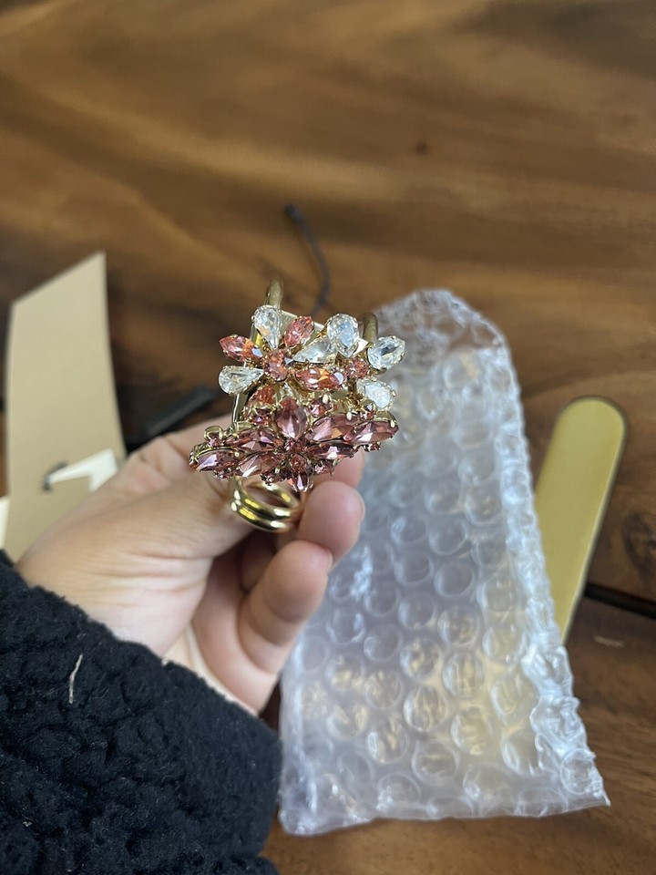 BURBERRY Authentic Gold Crystal Daisy Pin Cuff Bracelet In Coral Pink ...