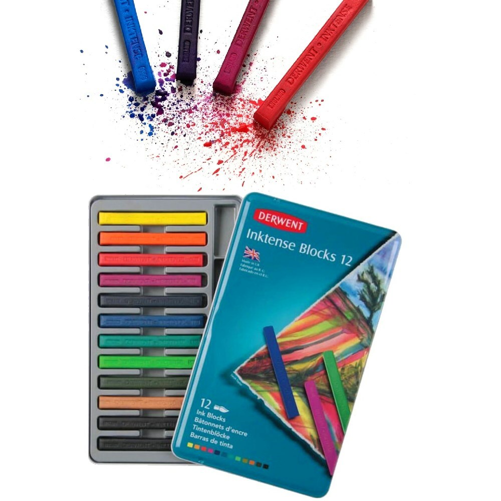 DERWENT Watercolour Inktense Blocks Art Pastels Tin Set Stick Chalk 12 ...
