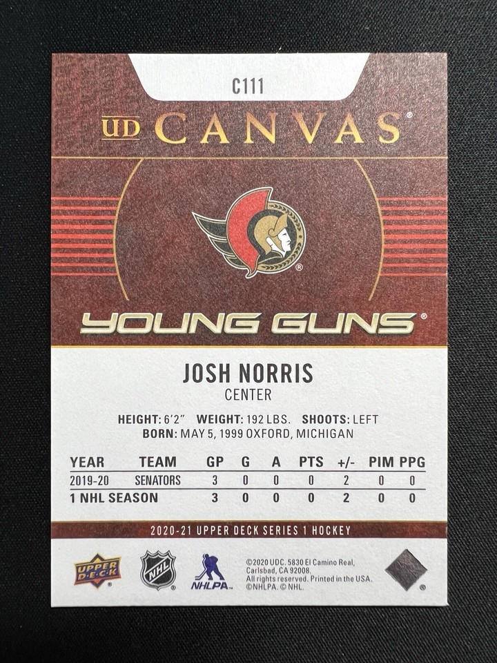 Josh Norris Young Guns UD Canvas RC 2020-21 Upper Deck C111 Senators | eBay