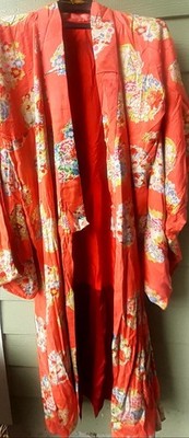 Vintage BEAUTIFUL SILK Kimono Japan Robe 52" Floral Red Lined Antique ...