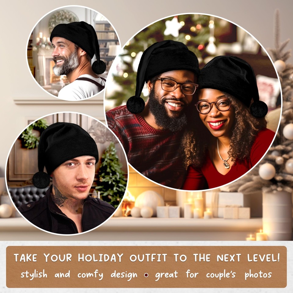 Hexonomy All Black Santa Hat - Black Furry Trim, Faux Fur - Gothic Xmas, Spoo... | eBay
