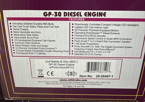 MTH Premier 20-20497-1 GM&O GP30 Diesel Engine #521 O-Scale PS3.0 Gulf ...