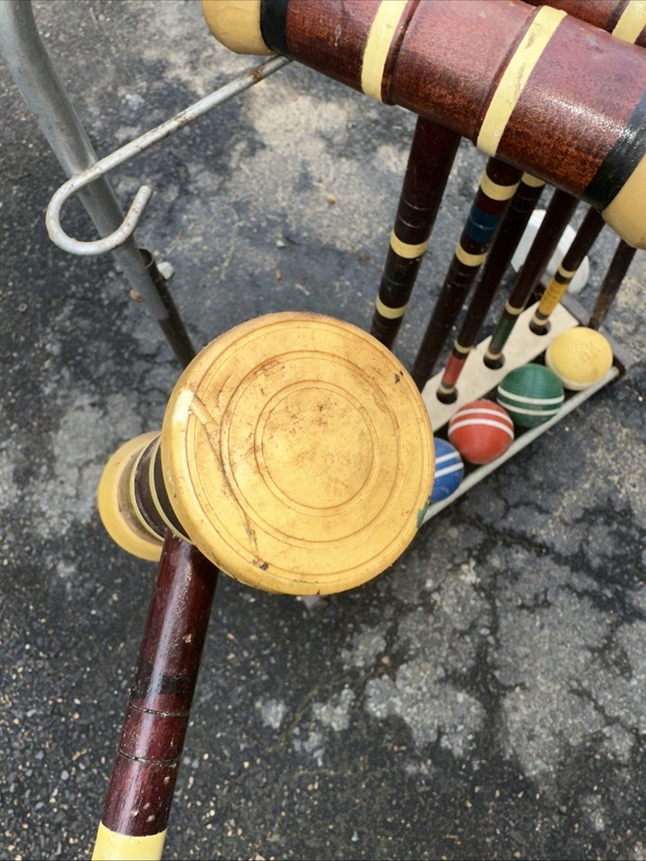 Vintage Rolling Metal Wood Croquet Set with Stand - 6 Players - Made In ...