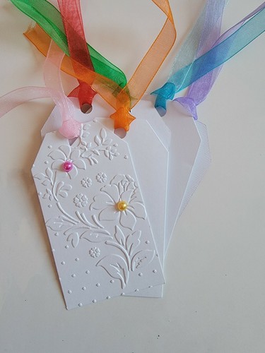 Embossed Gift Tags with colored ribbons & pearls (6) gift tags ...