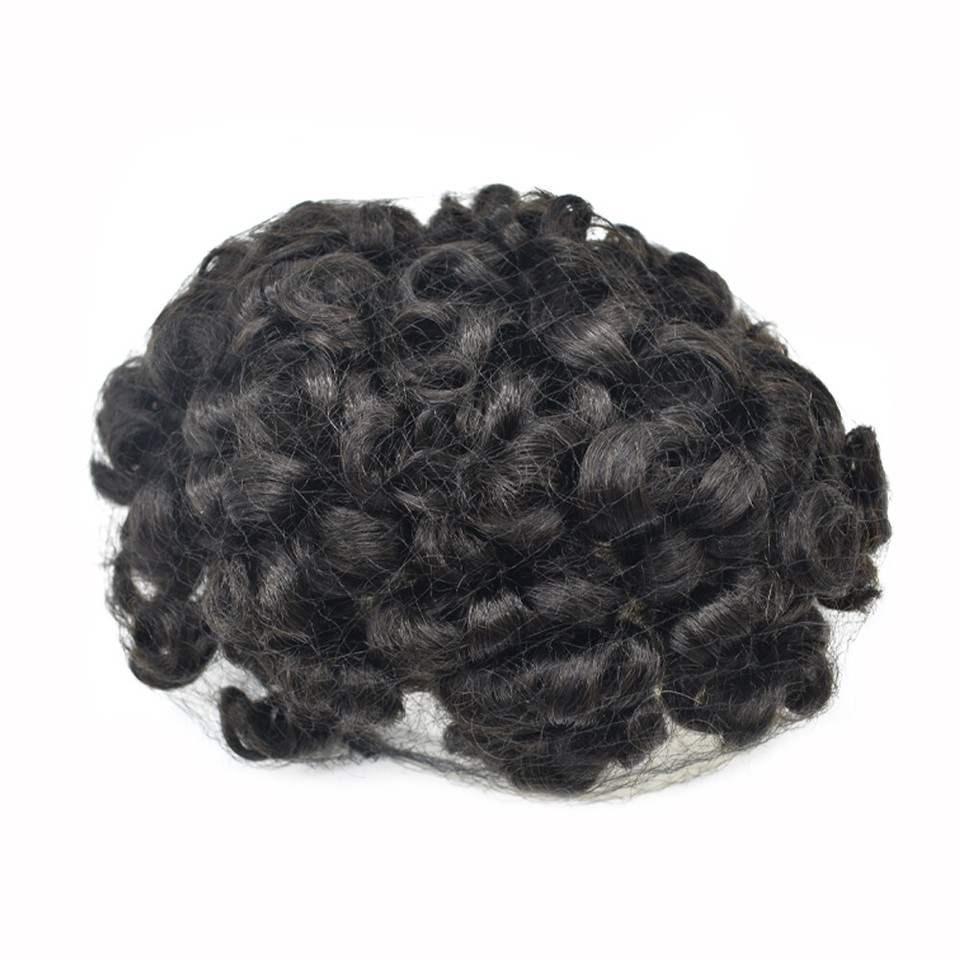 Curly Toupee for Black Men Human Hair System Fine Mono Poly Mens Wigs ...