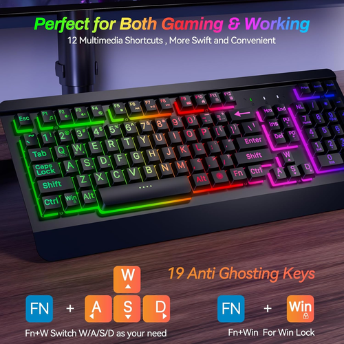 Play Gaming Keyboard Large Print Keys 7 Colors Rainbow LED Backlit PC ...