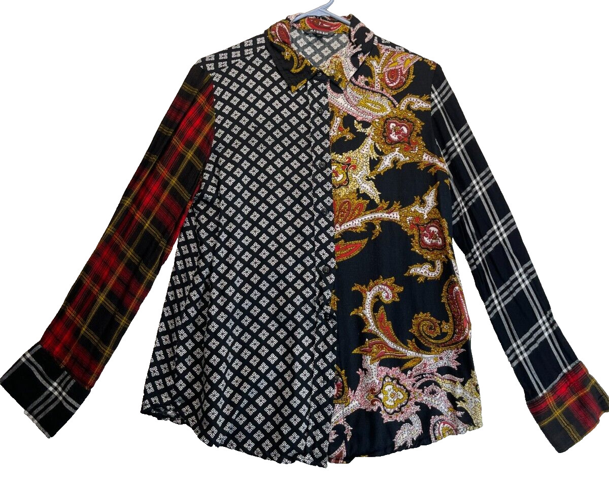 Hannah Unique Mixed Print Patchwork Button Down Long … - Gem