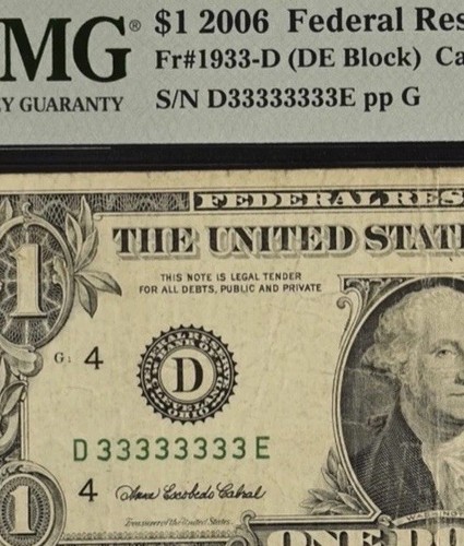 Solid 3’s D 33333333 E $1 Federal Reserve Note Solid Serial Number 2006 ...