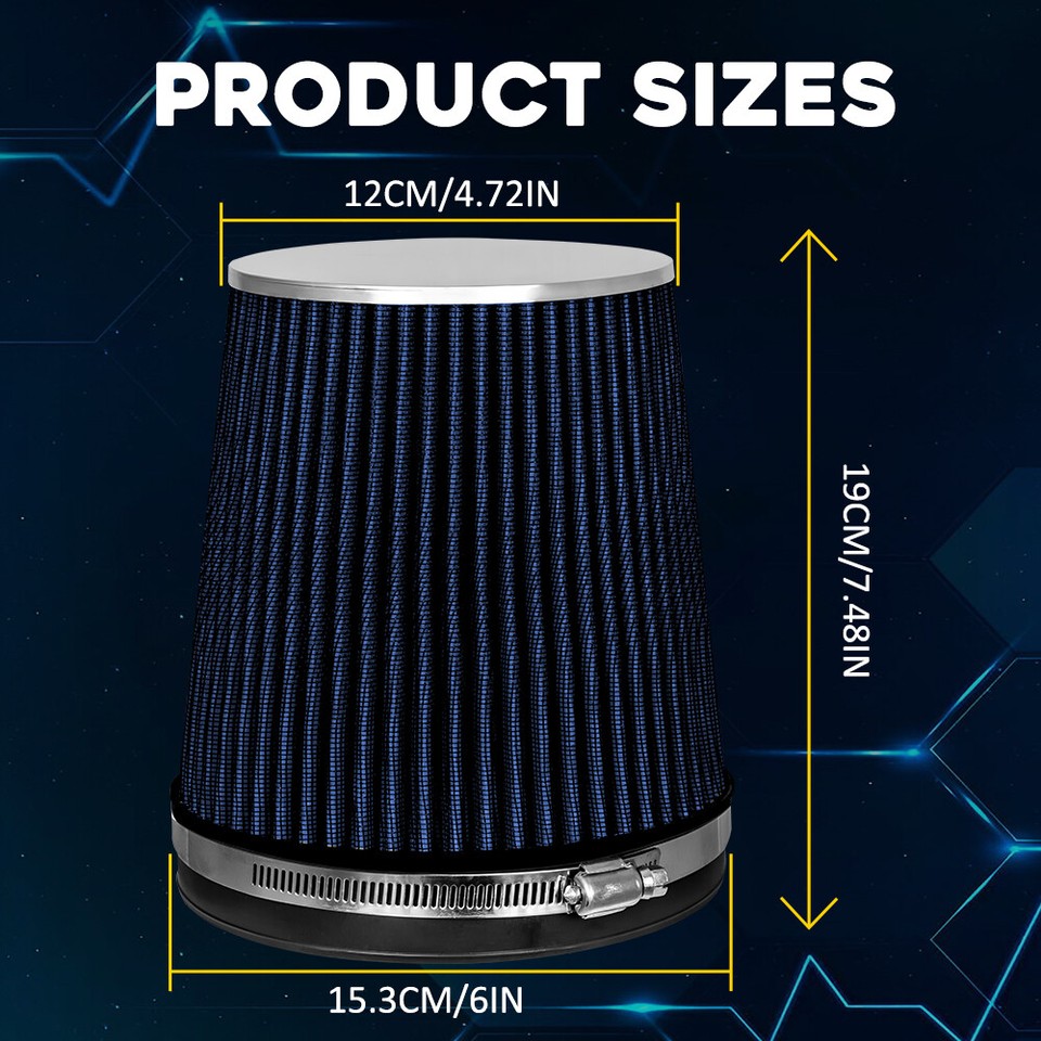 6" Blue High Flow Cold Air Intake Cone Dry Filter Short Performance ...