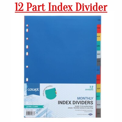 A4 Monthly Index Divider Office School Filing Organiser 12 Part File ...