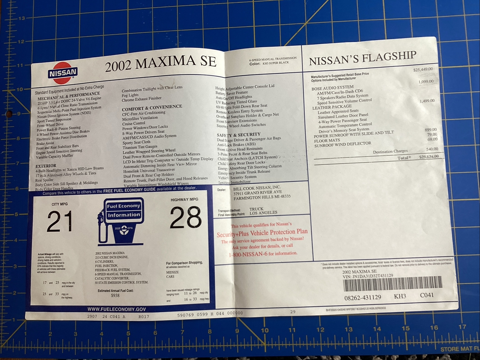 2002 Maxima SE Monroney Dealer Window Sticker | eBay