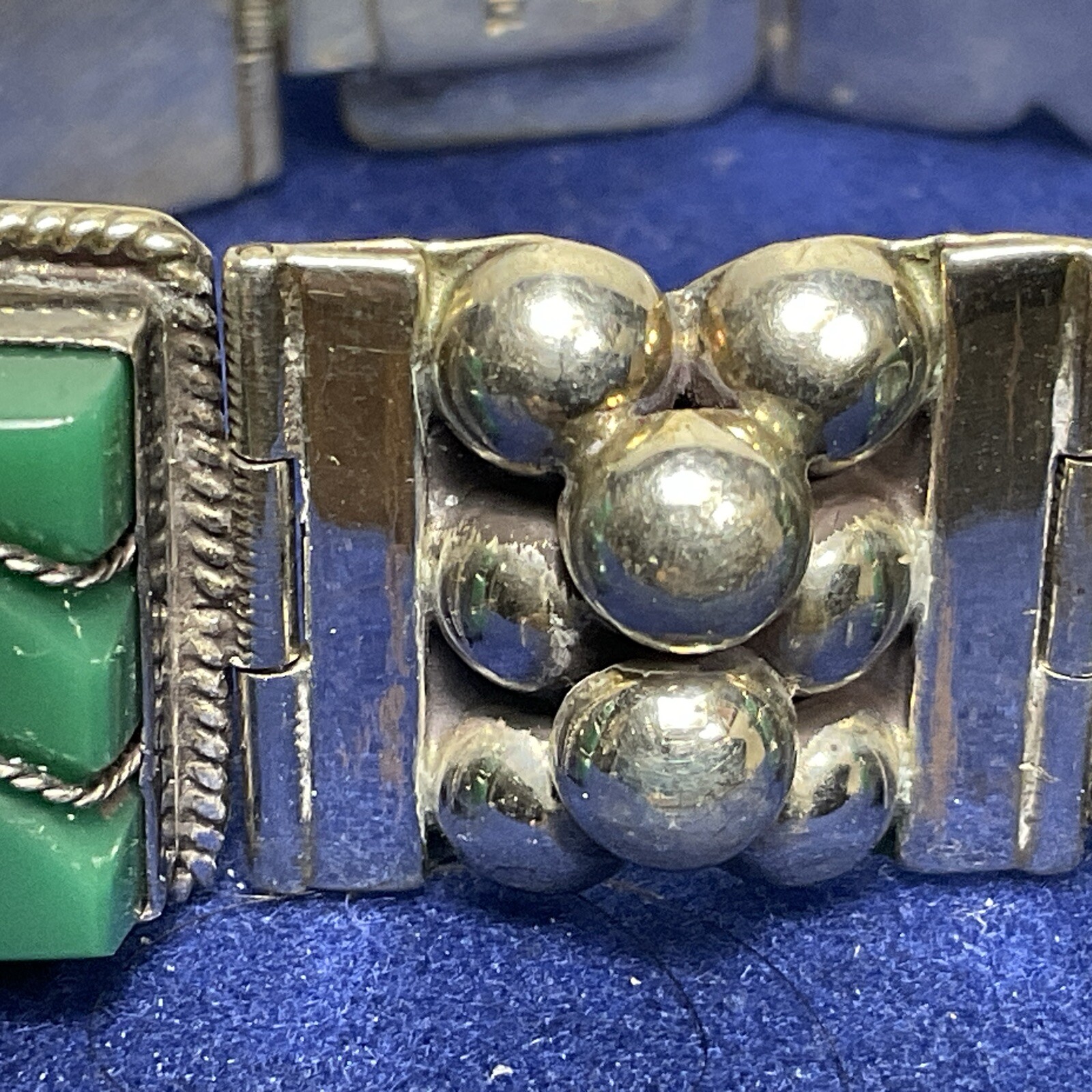 VINTAGE SIGNED STERLING SILVER MEXICO GREEN JADE ONYX UNIQUE CHUNKY ...