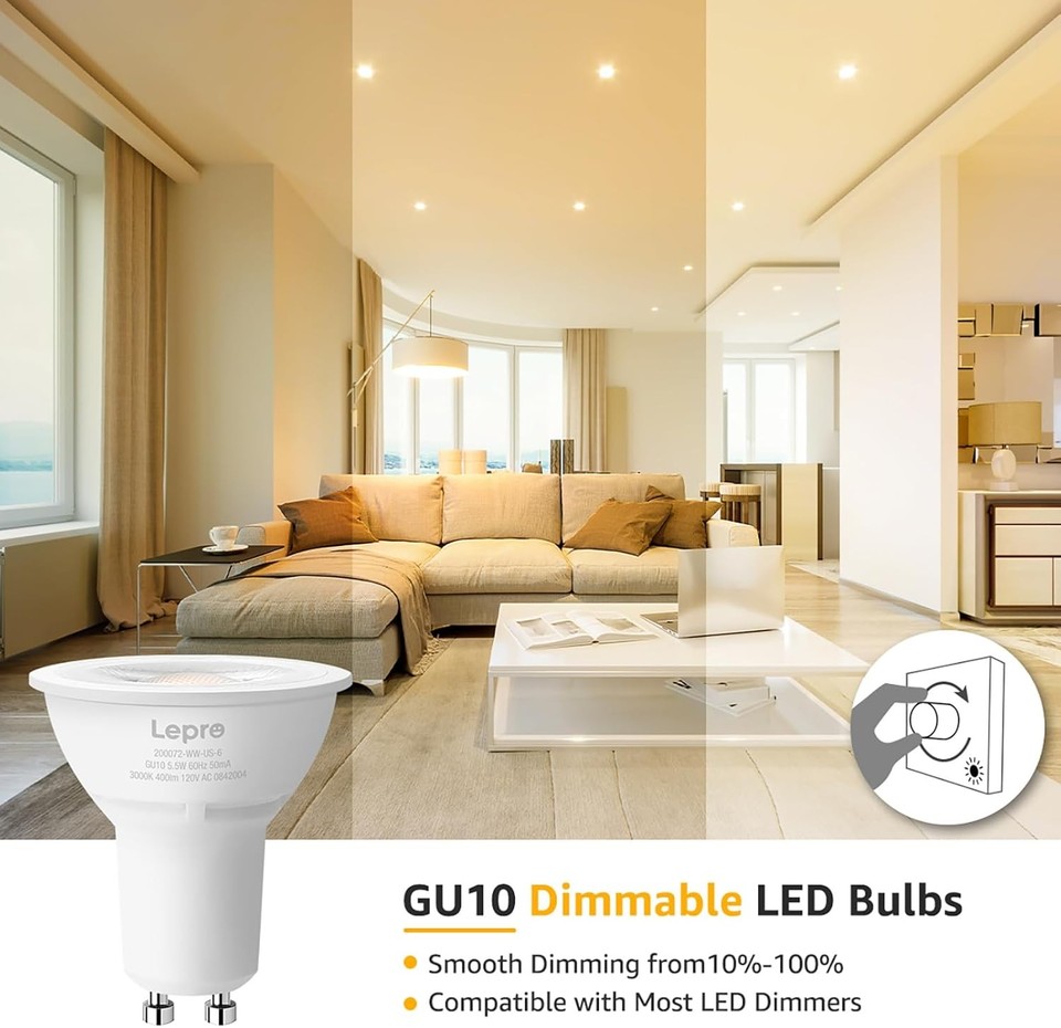 Lepro GU10 LED Bulb Dimmable, 50W Halogen 6 Count (Pack of 1), Warm ...