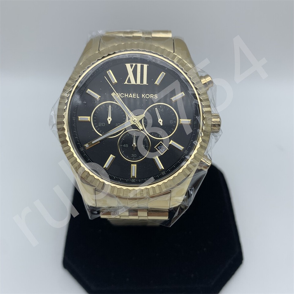 New Michael Kors MK8286 Lexington Chronograph Black Dial Gold-Tone Men ...