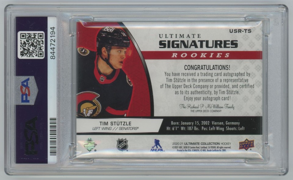 2021-22 UD Ultimate Collection Signatures Rookie Tim Stutzle RC Auto ...
