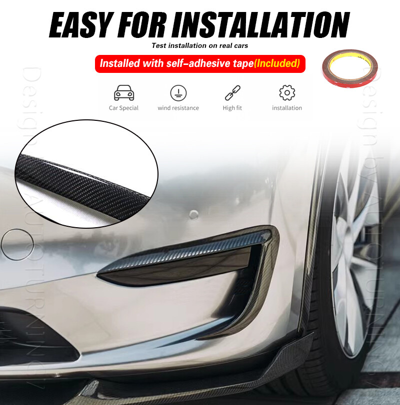 Fits Tesla Model Y 2019-23 Real Carbon Fiber Front Bumper Canards Fins ...