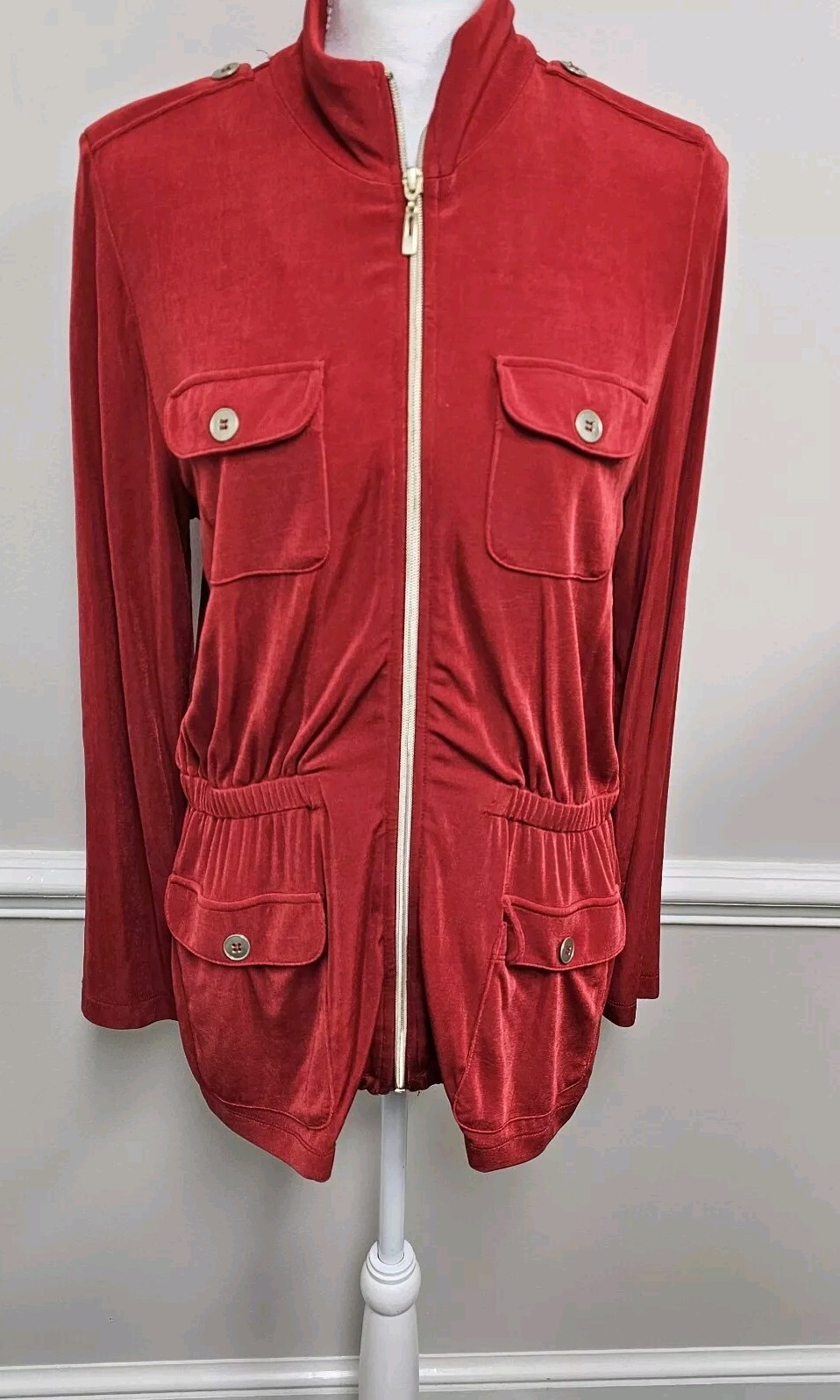 Chicos Travelers Red Full Zip Jacket w/Elastic Waist & Pockets Sz 1 | eBay
