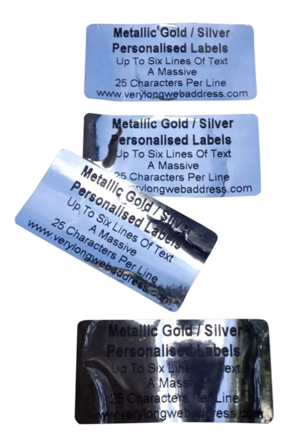 100 SILVER / GOLD METALLIC LABELS PERSONALISED PRINTED BLACK WATERPROOF ...