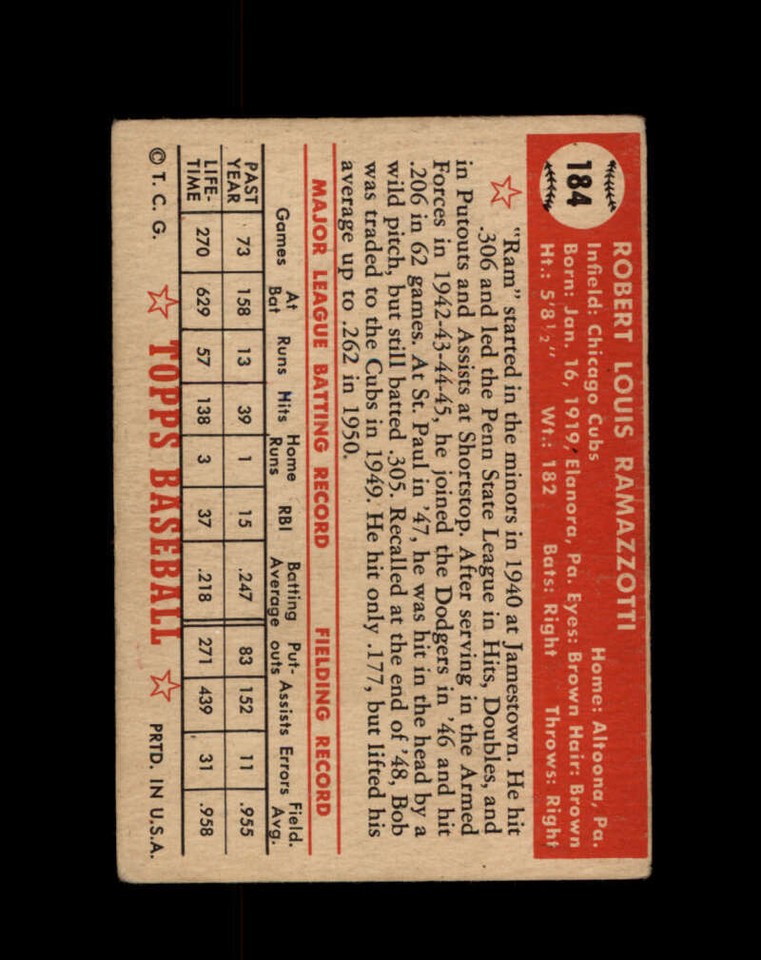 1952 Topps Baseball #184 Bob Ramazzotti STARX 4 VG/EX (CS131764) | eBay