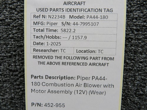 452-955 Piper PA44-180 Combustion Air Blower with Motor Assembly (12V ...