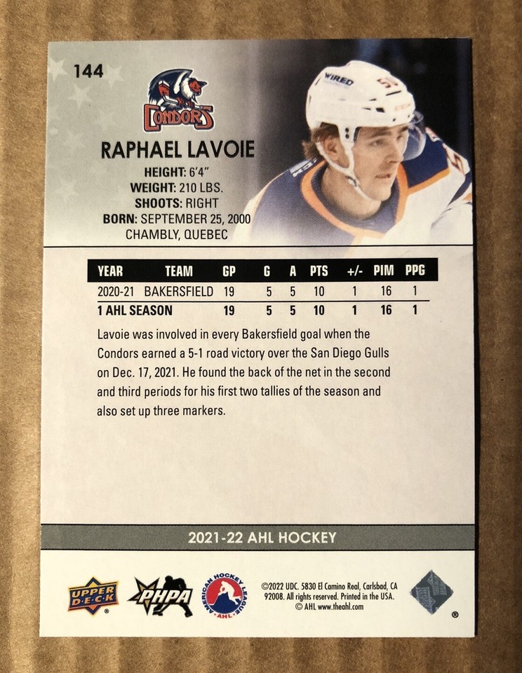 2021-22 Upper Deck AHL Hockey Raphael Lavoie Star Rookie #144 Condors ...