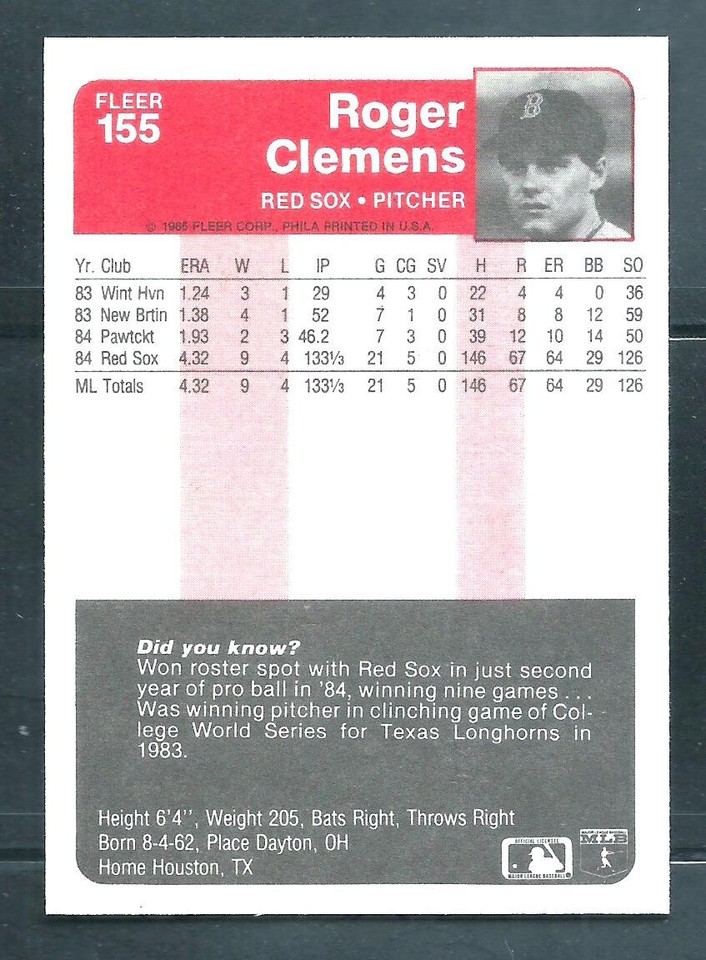 ROGER CLEMENS Rookie Card, 1985 Fleer #155, Nicely Centered Mint Beauty ...