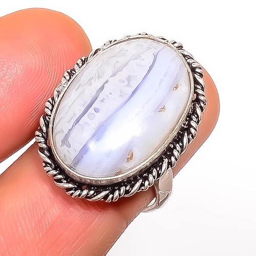 Natural Blue Lace Agate - Namibia Gemstone 925 Sterling Silver Ring s.8 ...