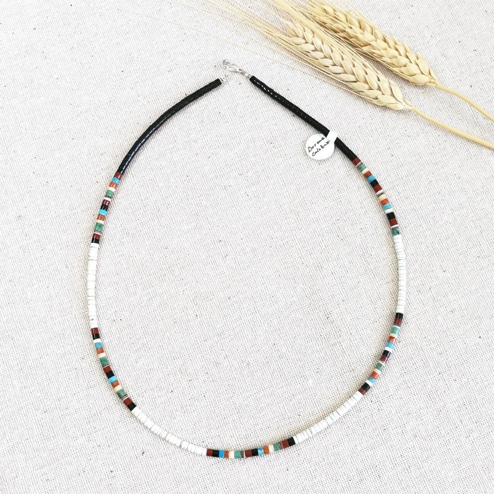 Native American Multicolor White Shell Black Jet Single Strand Heishi ...
