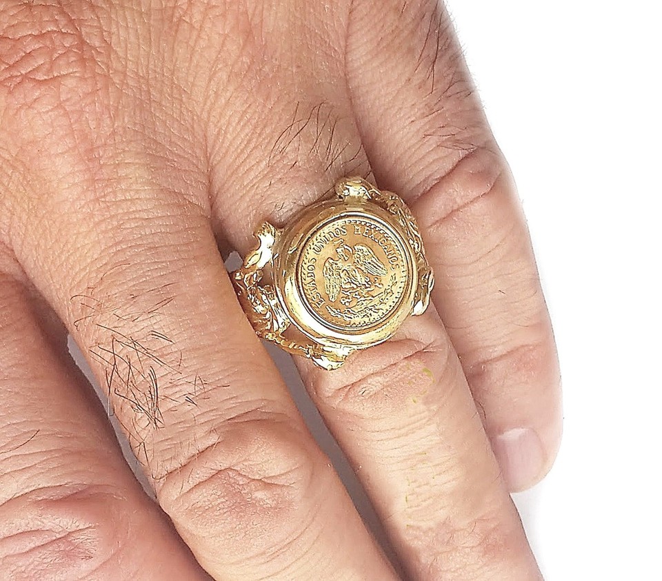 Dos pesos gold coin ring, Mexican 2 pesos set in 14k yellow gold lion ...